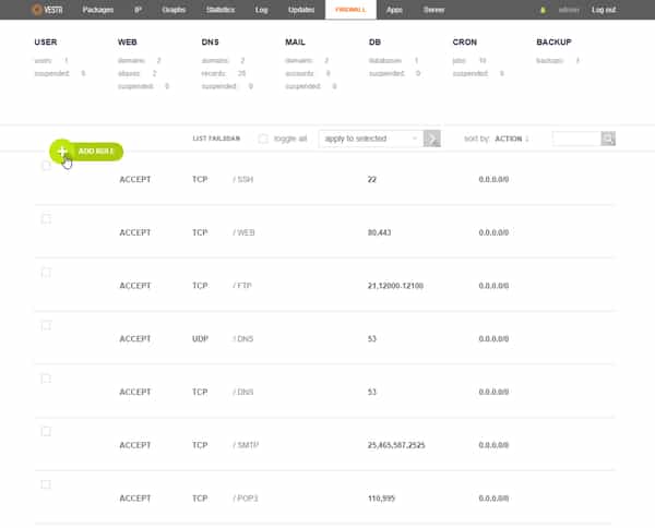 Vesta Control Panel을 통한 방화벽 관리. | Hostwinds